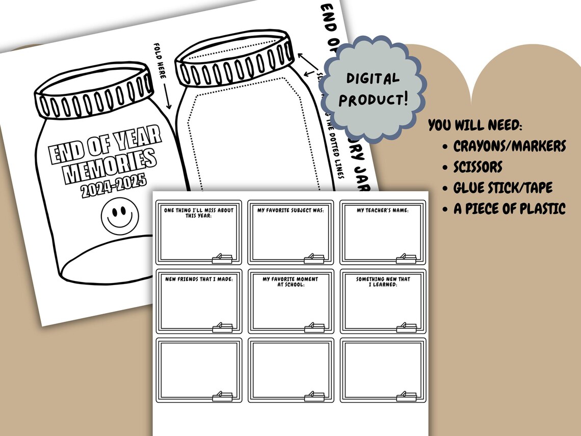 End of School Year Memory Jar, Printable Kid's Craft Activity ...