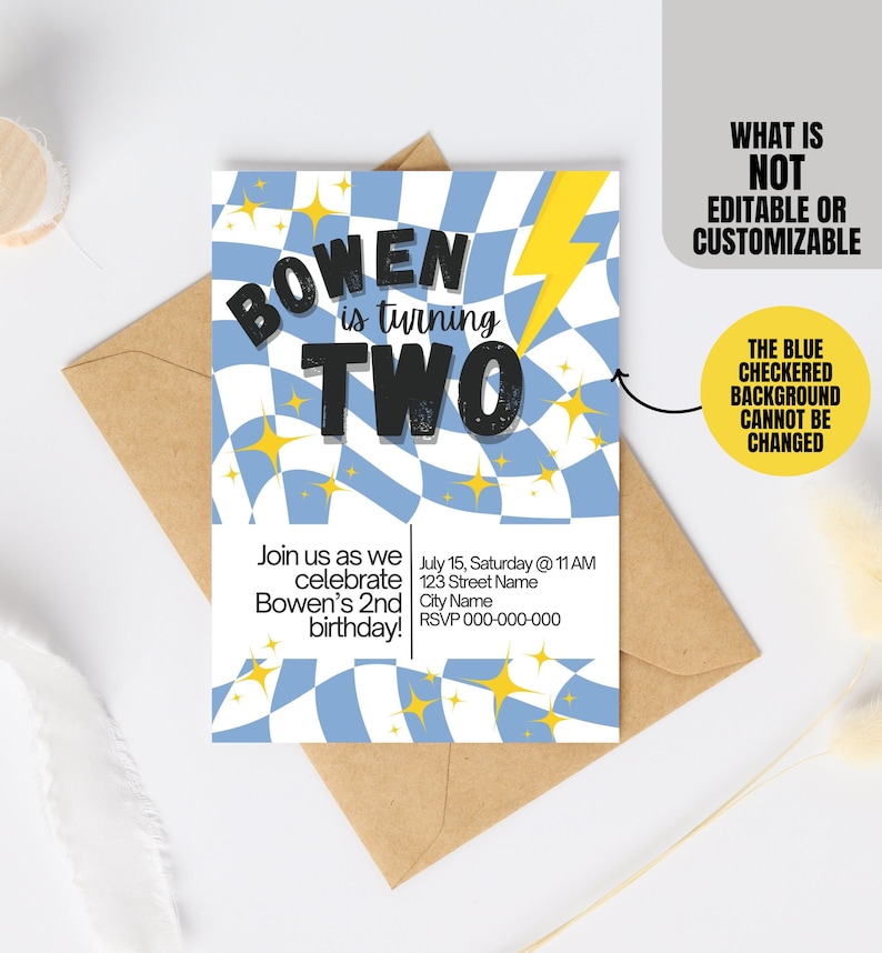 Boy's Checkered Birthday Party Invitation Template, Lightning Bolt and ...