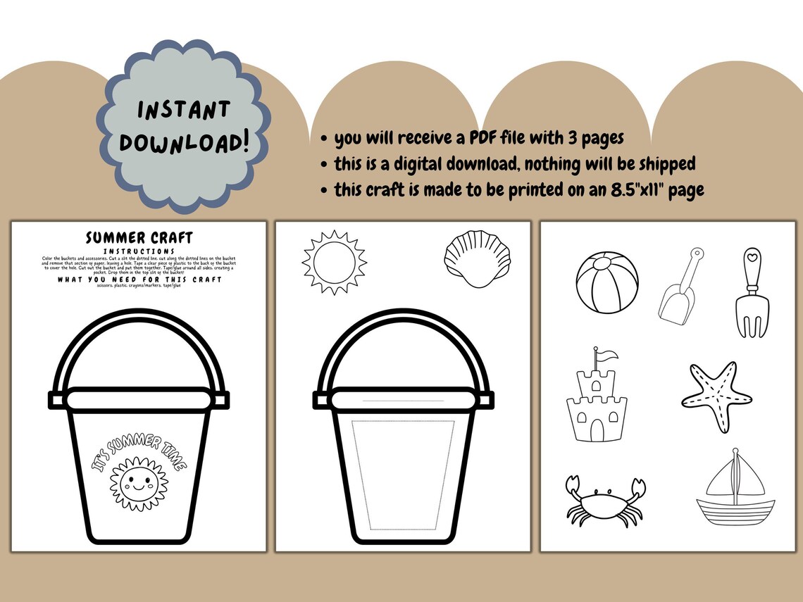 Summer Bucket Beach Printable Craft, Bucket and Sand Toys, Summer ...