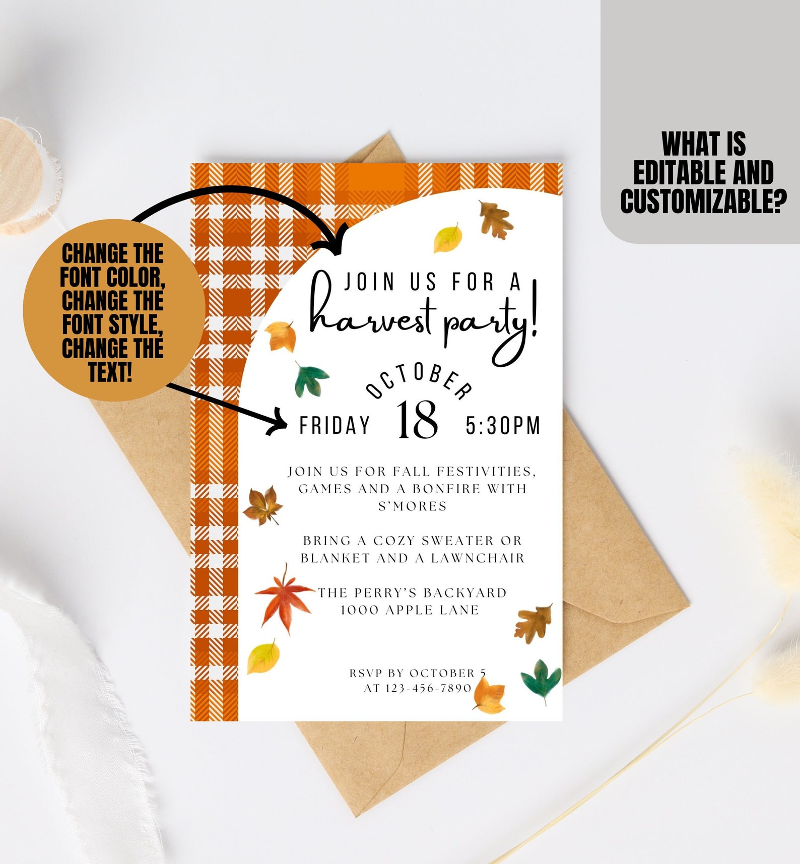 Editable Fall Harvest Party Invitation Template | Autumn Bonfire Invite ...