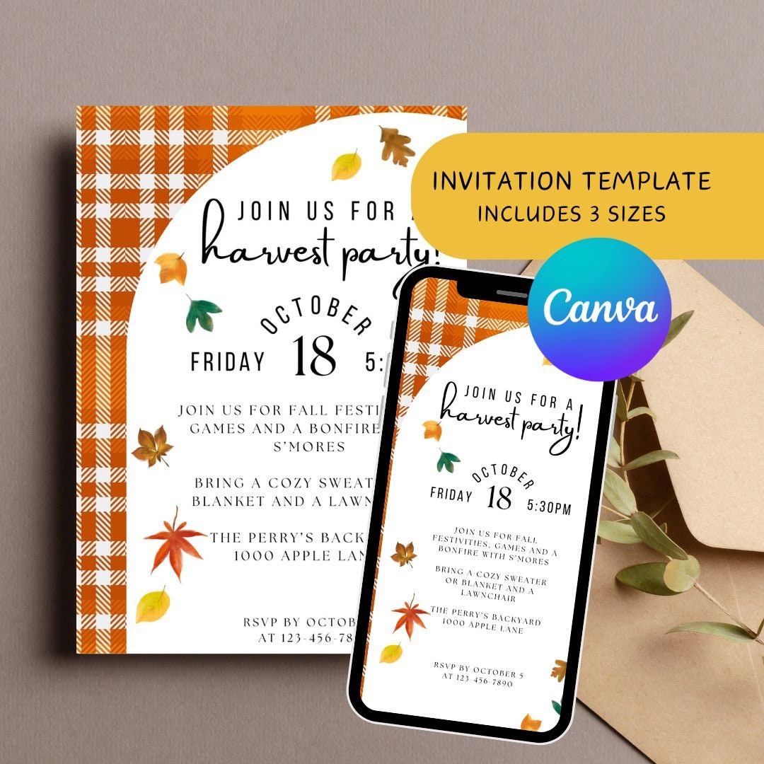 Editable Fall Harvest Party Invitation Template | Autumn Bonfire Invite ...