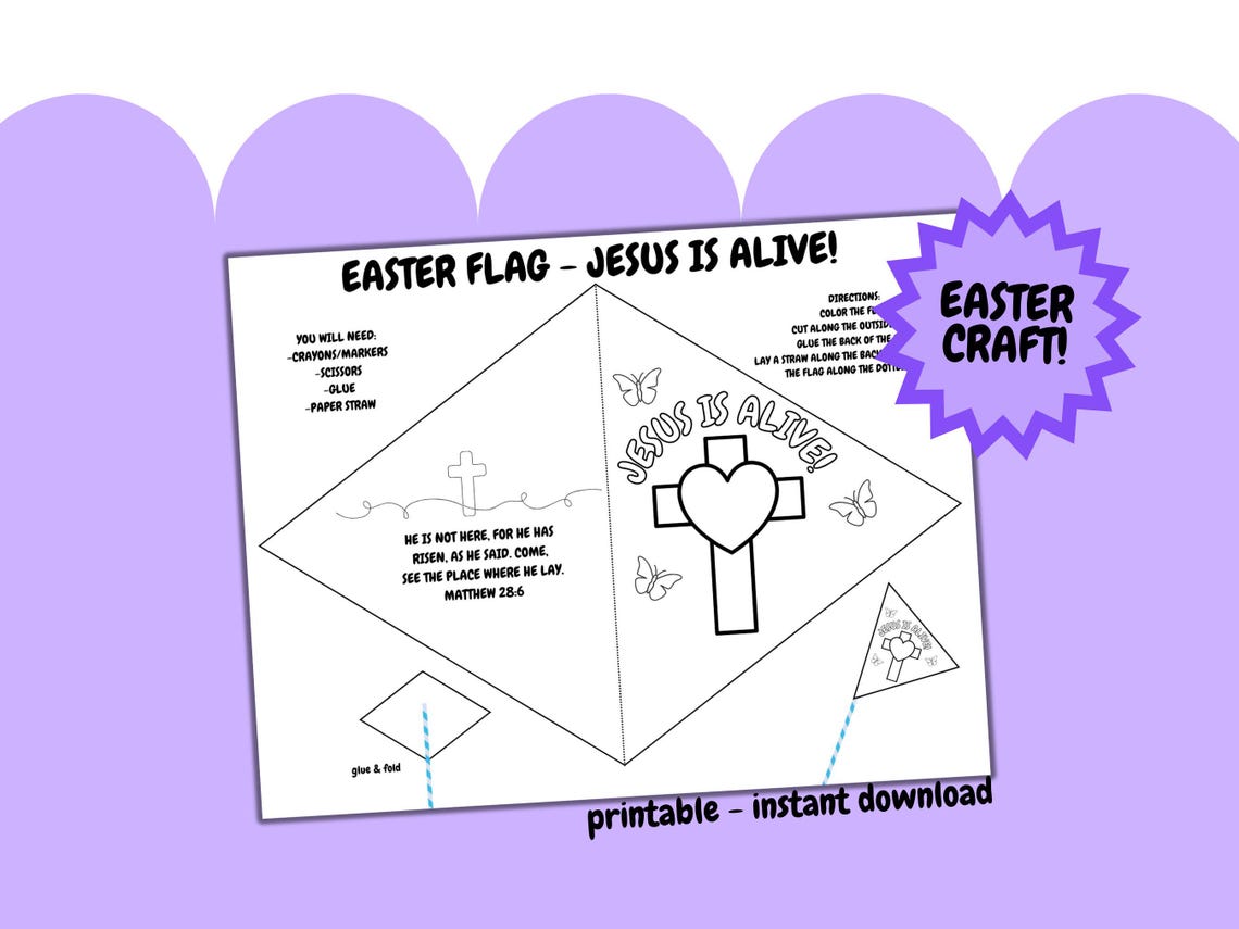 Easter Christian Kid's Craft, Printable Easter Jesus is Alive Flag ...