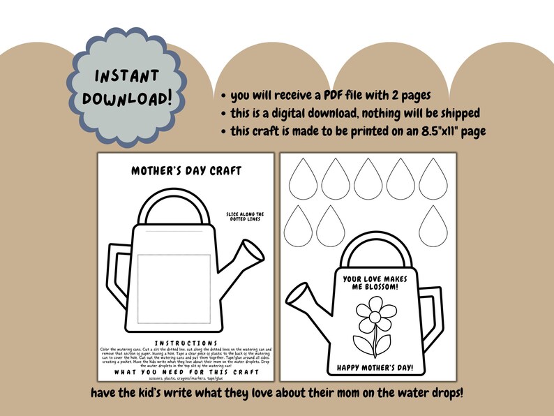 Mother's Day Watering Can Kid's Craft, Printable Sunday School Activity ...