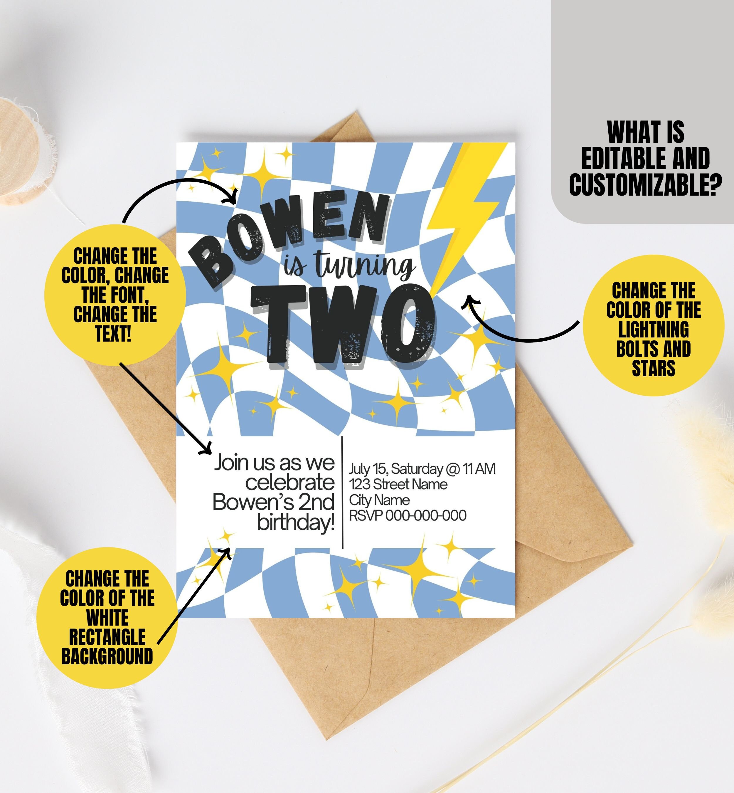 Boy's Checkered Birthday Party Invitation Template, Lightning Bolt and ...