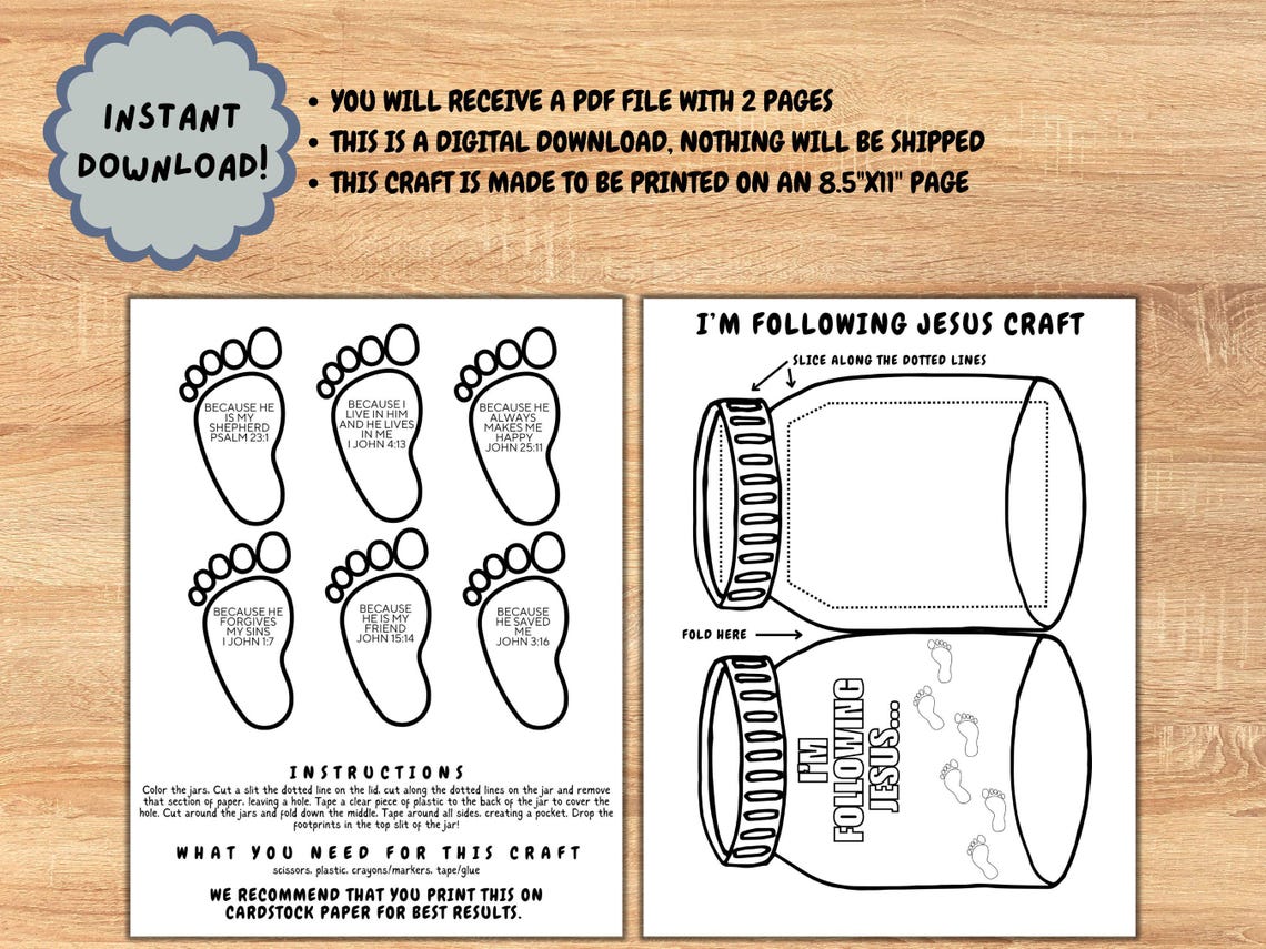 Following Jesus Footprint Printable Jar Kid's Craft, Printable Sunday ...