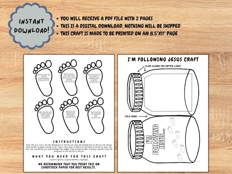 Following Jesus Footprint Printable Jar Kid's Craft, Printable Sunday ...