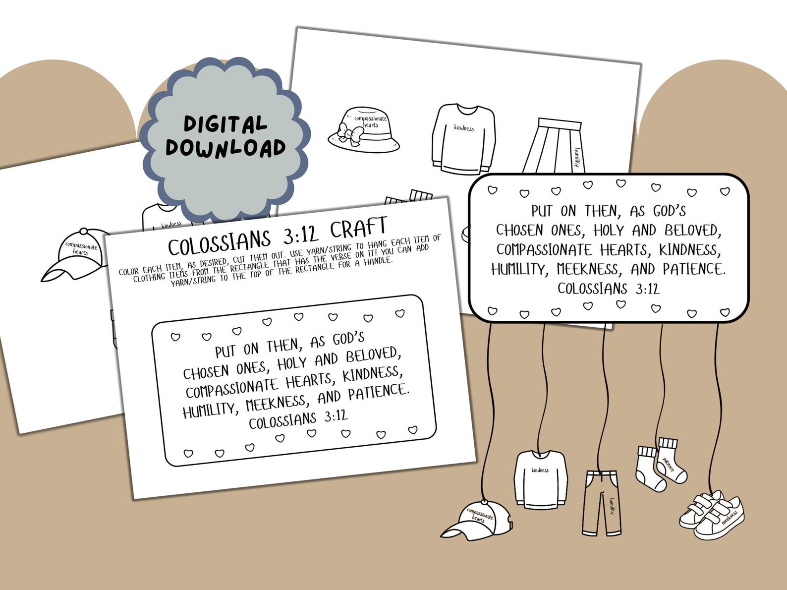 Colossians 3:12 Printable Craft for Kids, Put on Then Compassionate ...