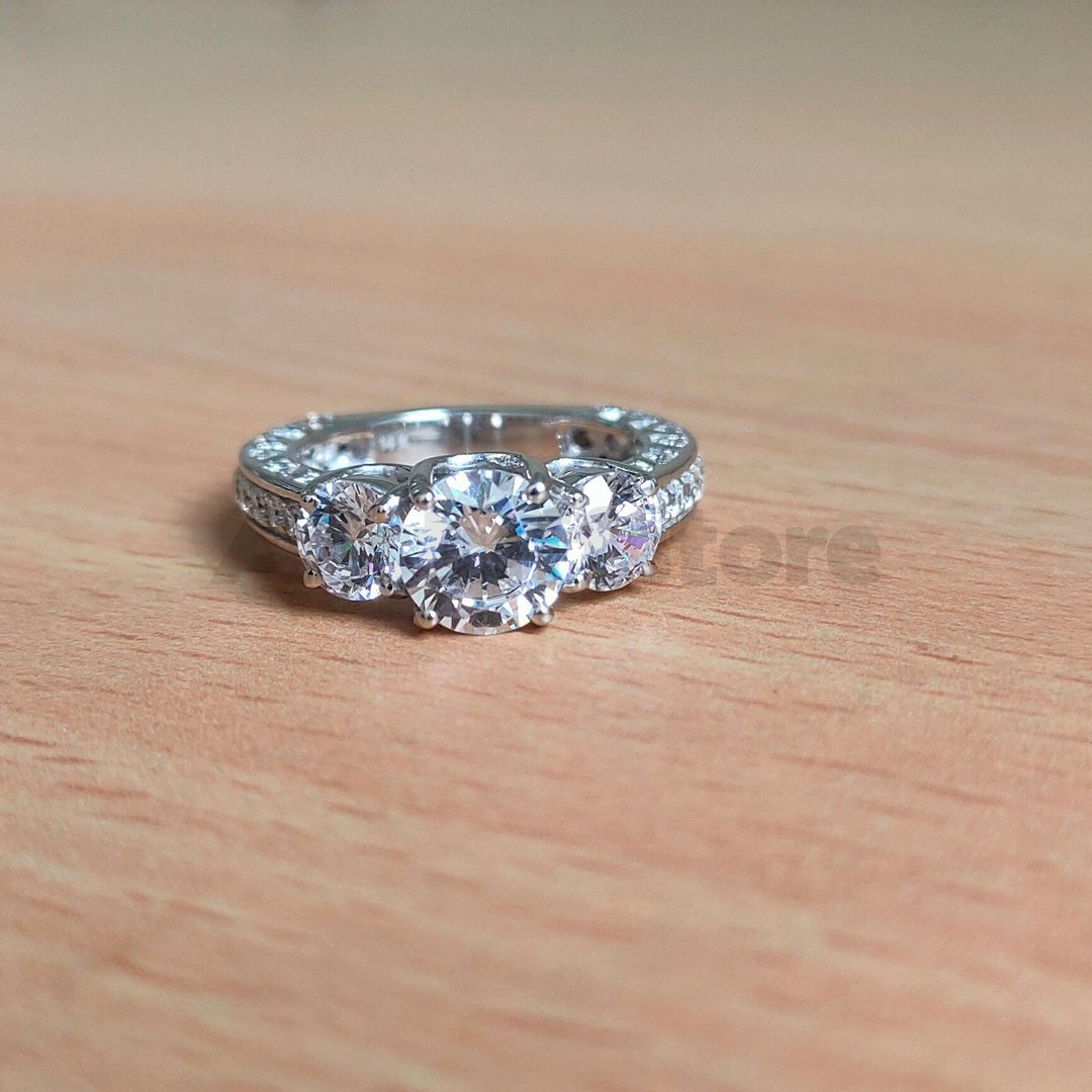 Three Stone Engagement Wedding Ring, 3.00 Ct Round Cut White Sapphire ...