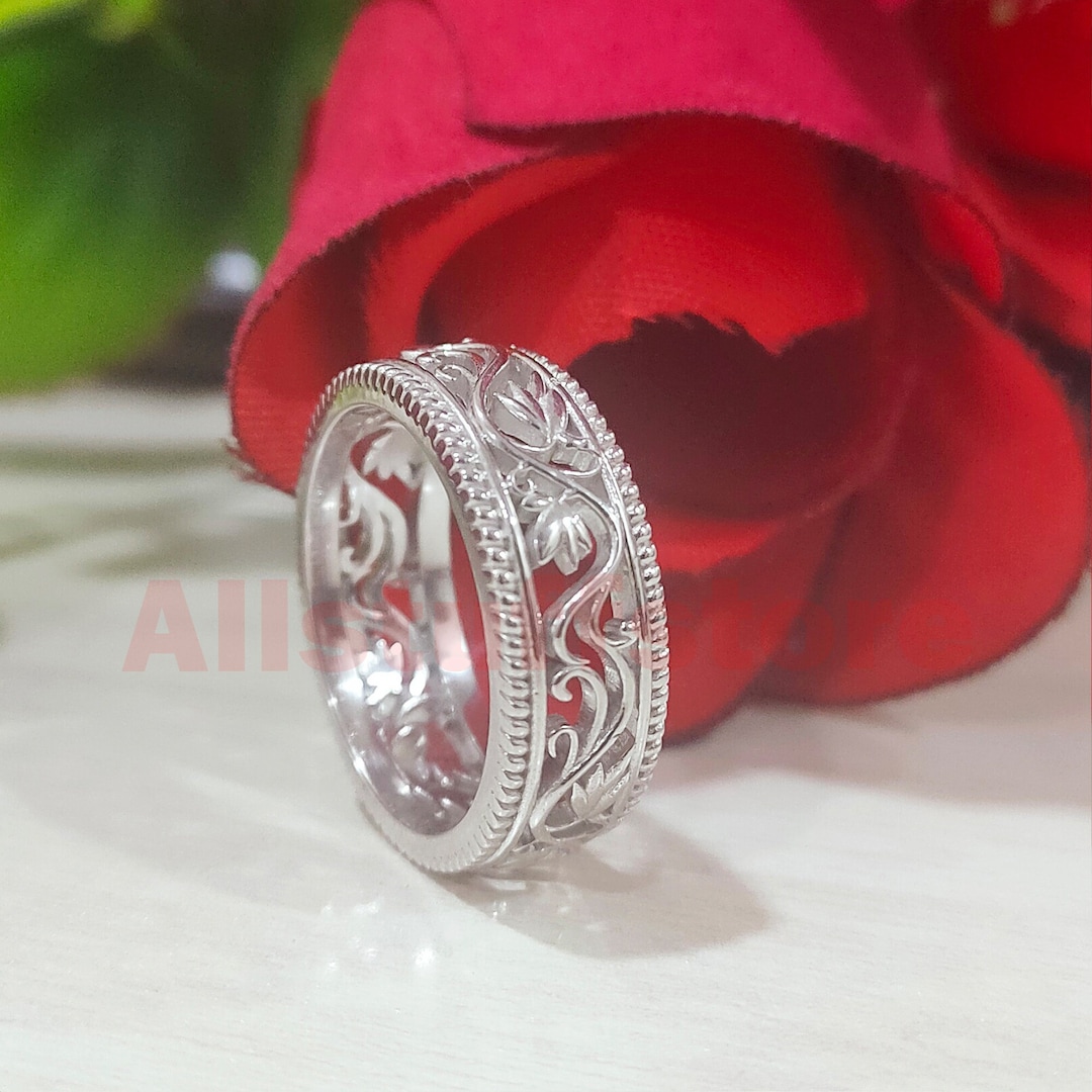Filigree Band Ring, Vintage Style Wedding Band, Antique Floral Ring ...