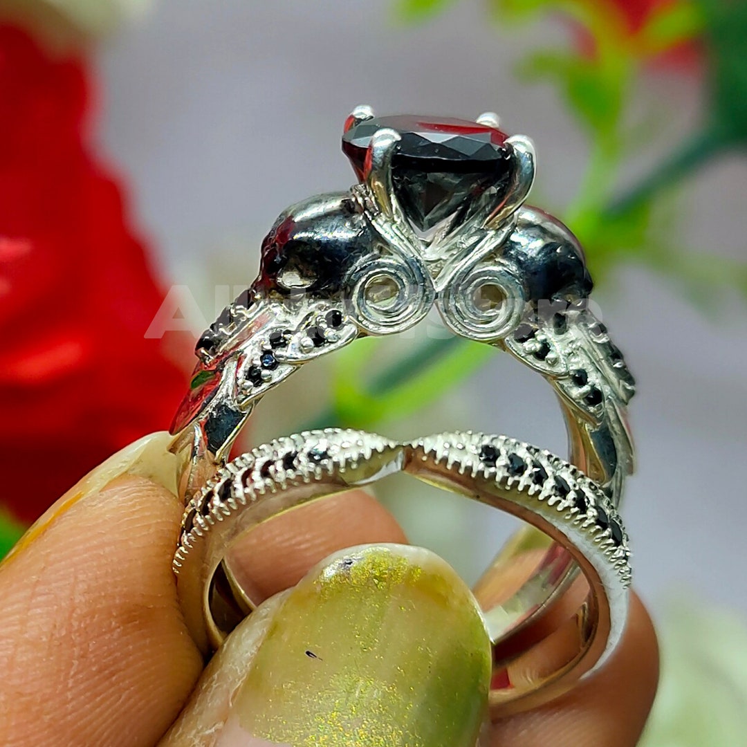 Gothic Skull Engagement Wedding Ring Set, 2.15 Ct Round Cut Black ...