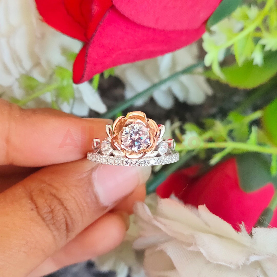 Enchanted Disney Belle Rose Ring, 1.50 Ct Round White Moissanite, Two ...