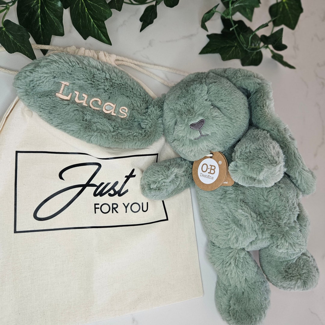 Personalised Sage Beau Bunny Soft Toy, Embroidered Newborn Baby Gift ...