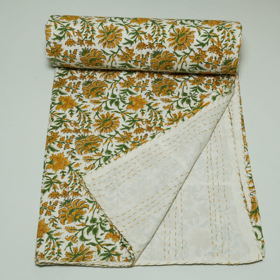 Yellow Green Floral Kantha Quilt | White Base Handmade Cotton Block ...