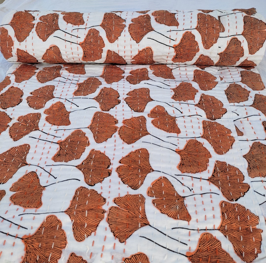 Rustic Brown Ginkgo Kantha Bedspread Hand Stitched Ginkgo Kantha Quilt ...