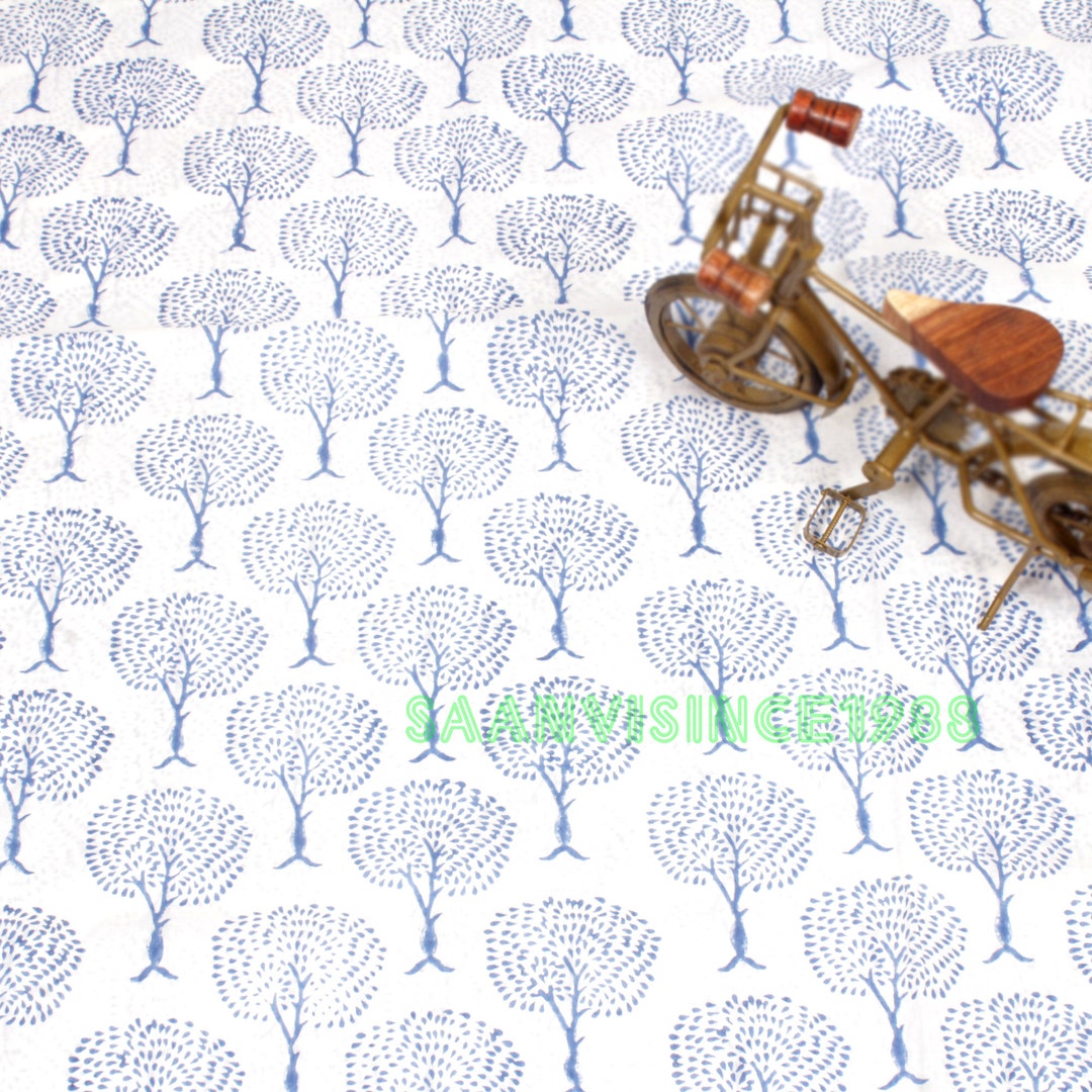 Blue Tree Block Print Fabric – Indian Cotton Fabric by the Yard – Hand ...