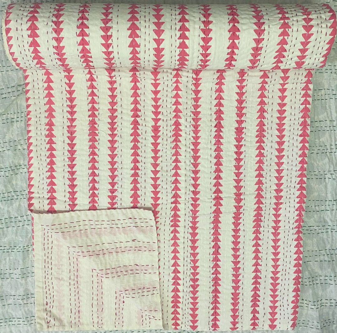 Kantha Quilt Pink Block Print Blanket Pink Pink Block Print Quilt Pink ...