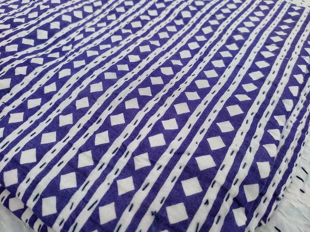 Kantha Quilt Purple Geometric Cotton Bedspread Handmade Block Print ...