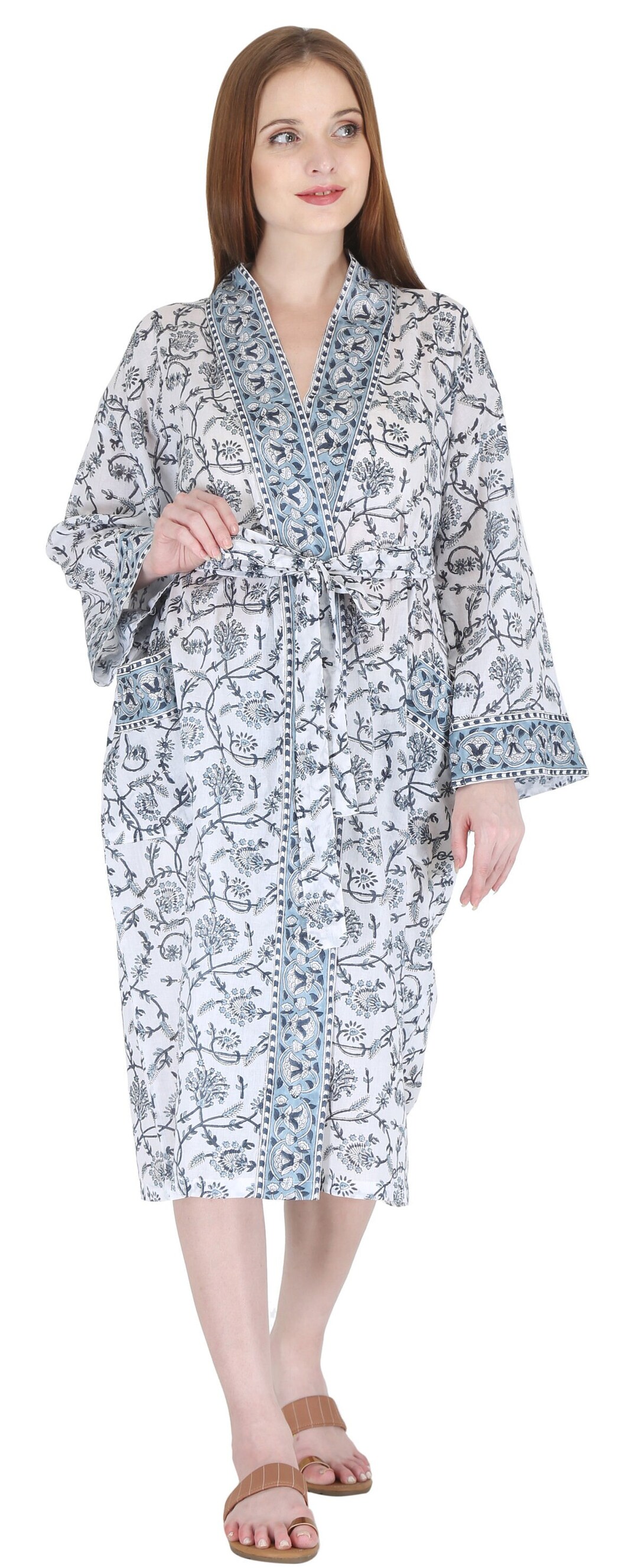 Handcrafted White Kimono Blue Botanical Pattern Women's White Kimono ...