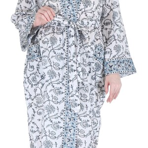 Handcrafted White Kimono Blue Botanical Pattern Women's White Kimono ...