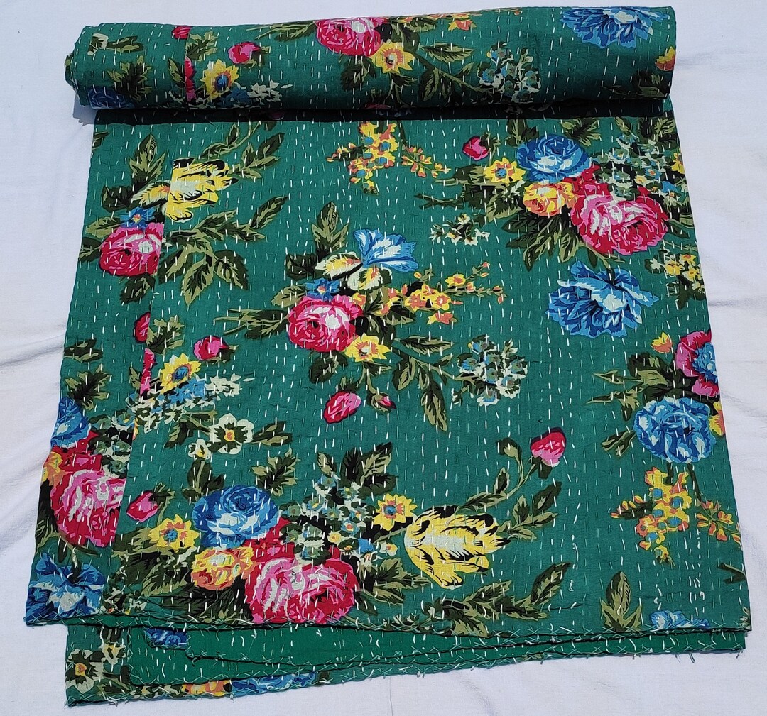 Green Kantha Quilt With Floral Pattern Teal Indian Garden Dreams ...