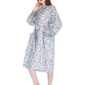 Handcrafted White Kimono Blue Botanical Pattern Women's White Kimono ...