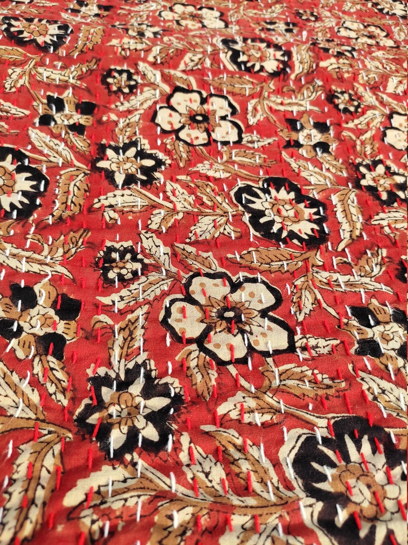 Rust Red Floral Indian Handmade Block Print Kantha Quilt - Handmade ...