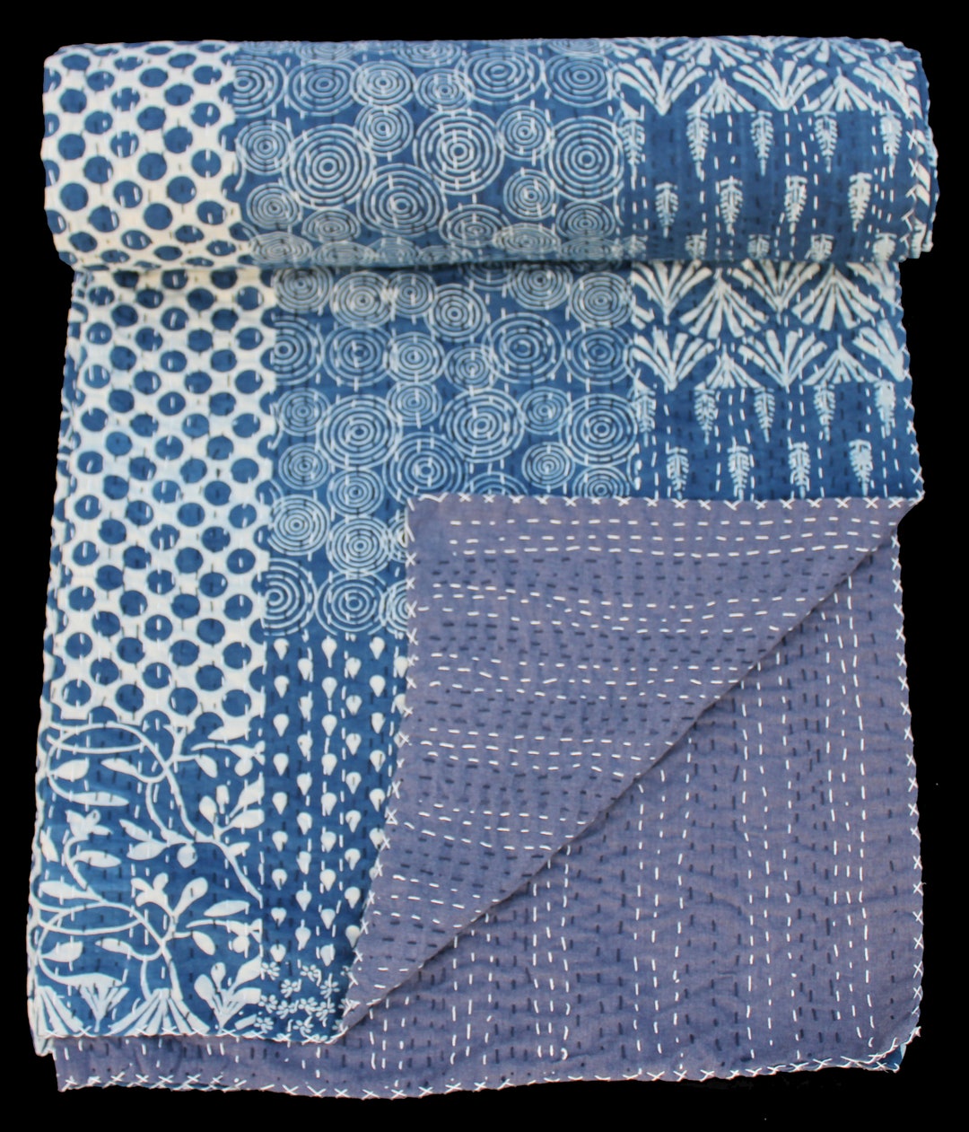 Indian Kantha Bedspread With Patchwork Design in Indigo and White ...