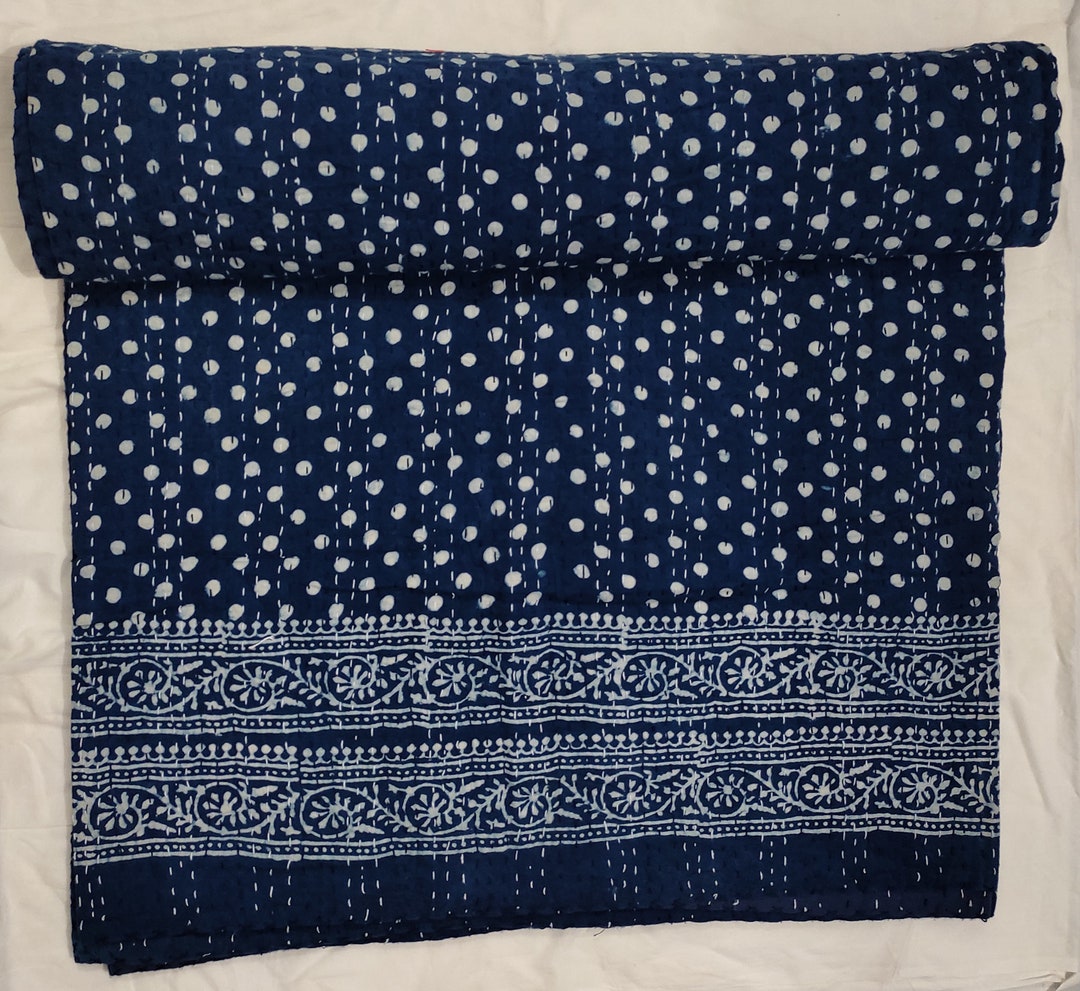 Handmade Indigo Dot Block Print Kantha Quilt, Cotton Bedspread, Boho ...