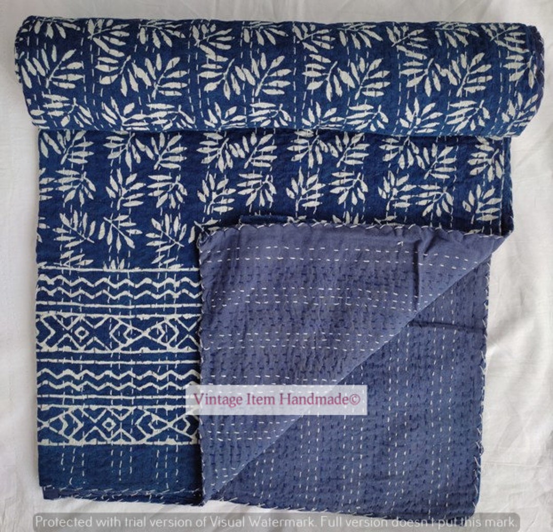 Preppy Blue Room Floral Kantha Quilt Indigo Print Ful Siz Kantha Queen ...