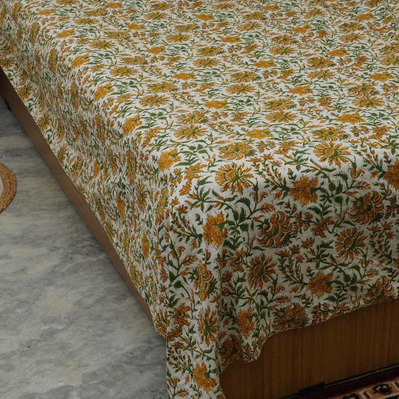 Yellow Green Floral Kantha Quilt | White Base Handmade Cotton Block ...