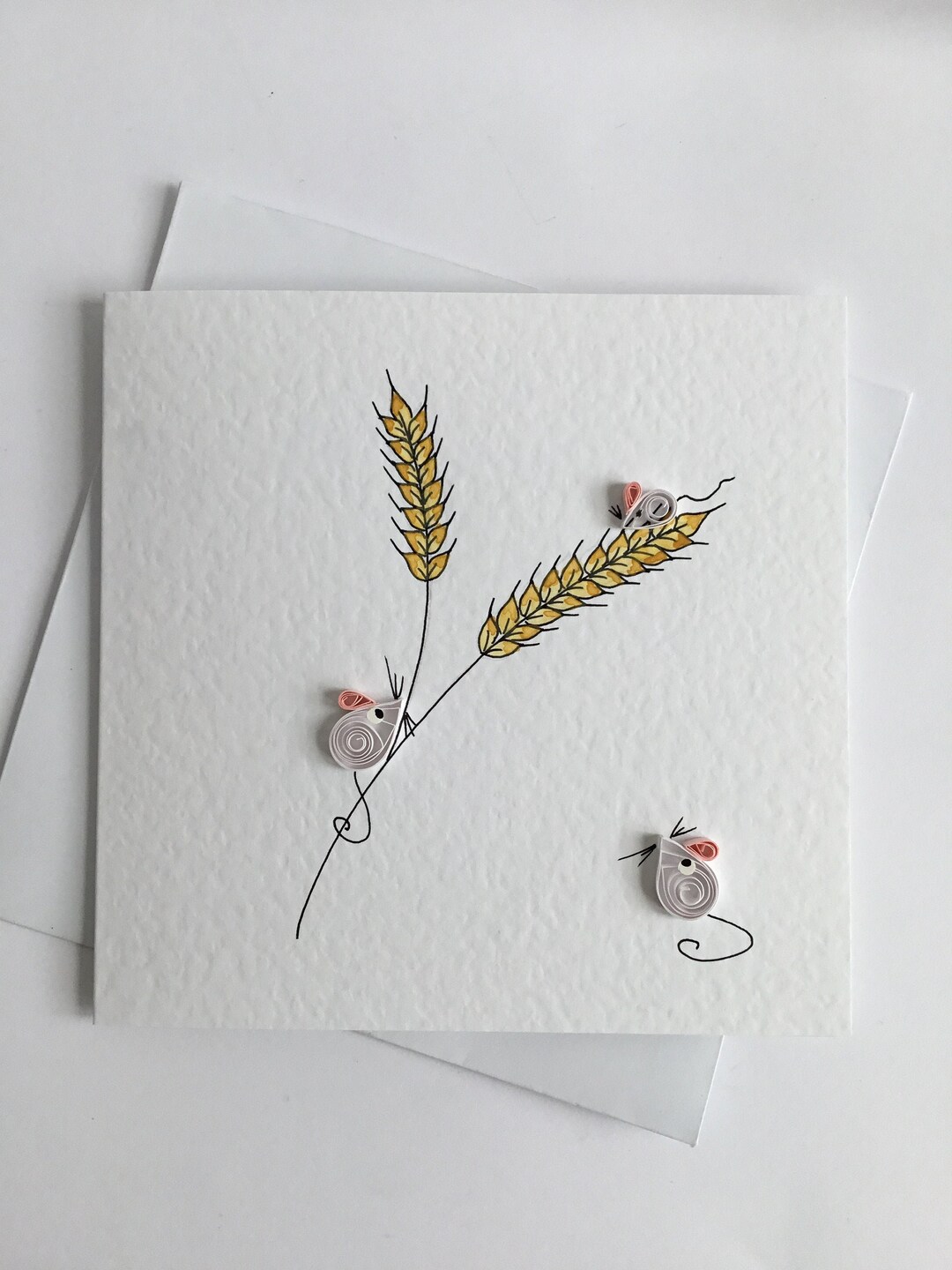 Handmade Quilled Card Little Mouse / Mice on Hand Painted Wheat ...