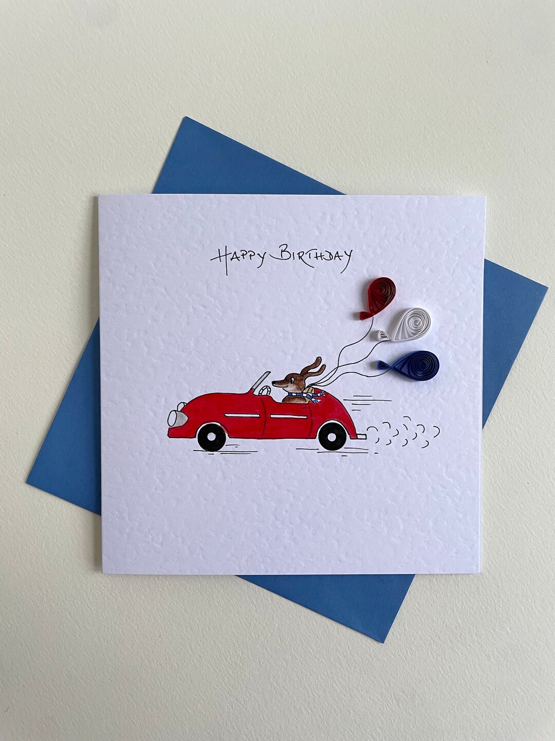 Handmade Quilled Birthday Card for Him Dog in Red Sports Car With ...