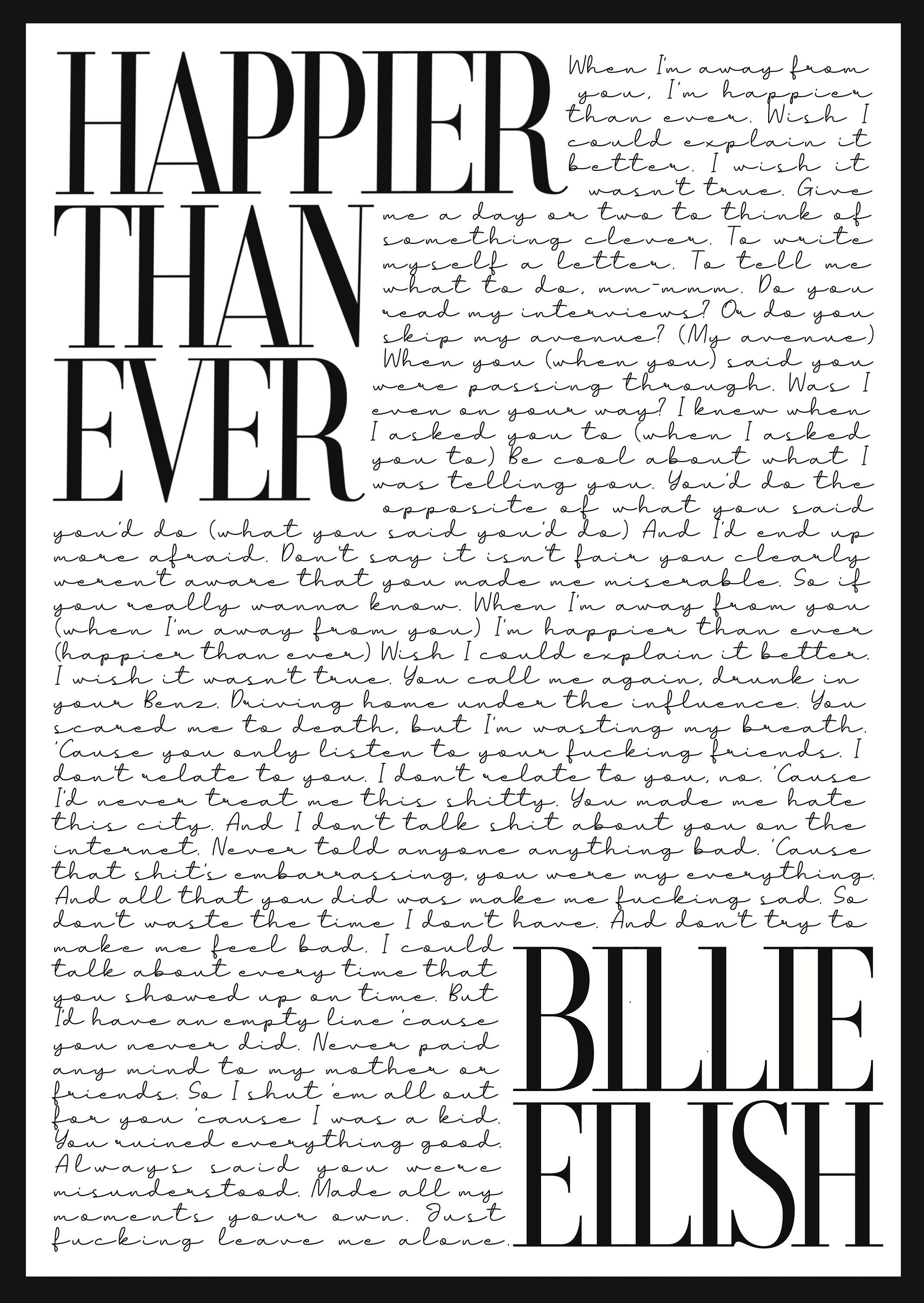 Billie Eilish Happier Than Ever Song Lyrics Print Poster Wall - Etsy