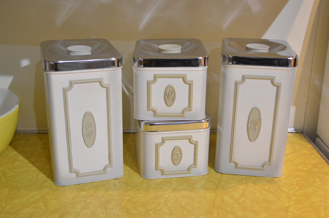 Vintage Kitchen Canisters Set of 4, White & Chrome. Retro Mid-century ...