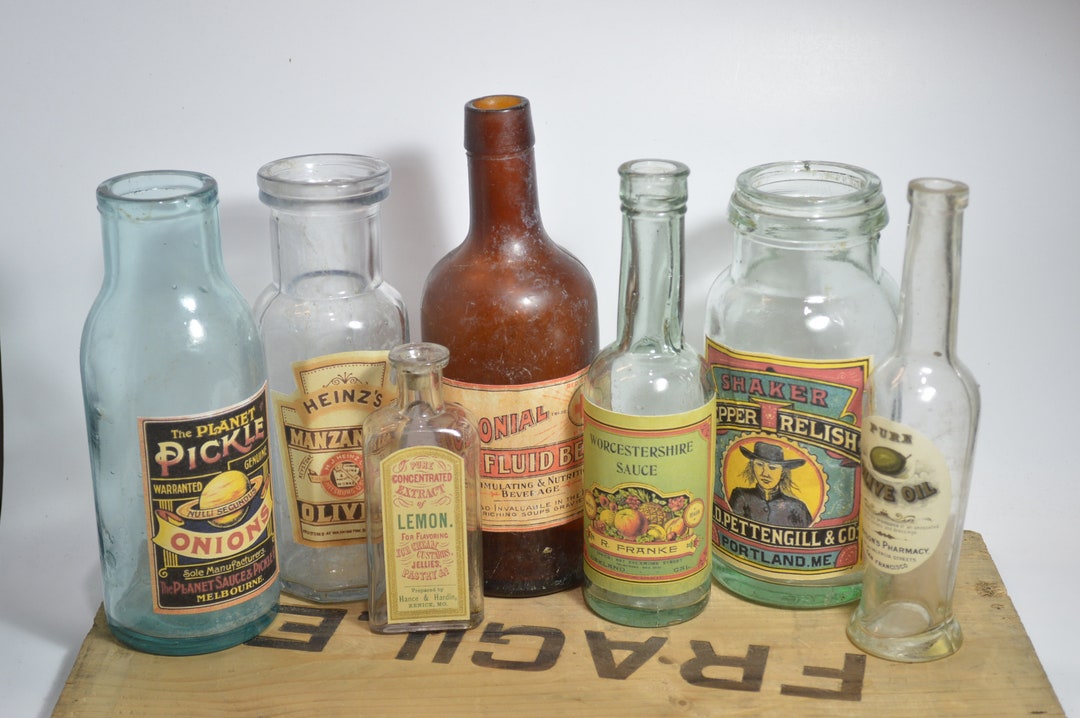 Lot of Antique Pickles, Sauce, Oil, Food Bottles / Genuine Antique ...
