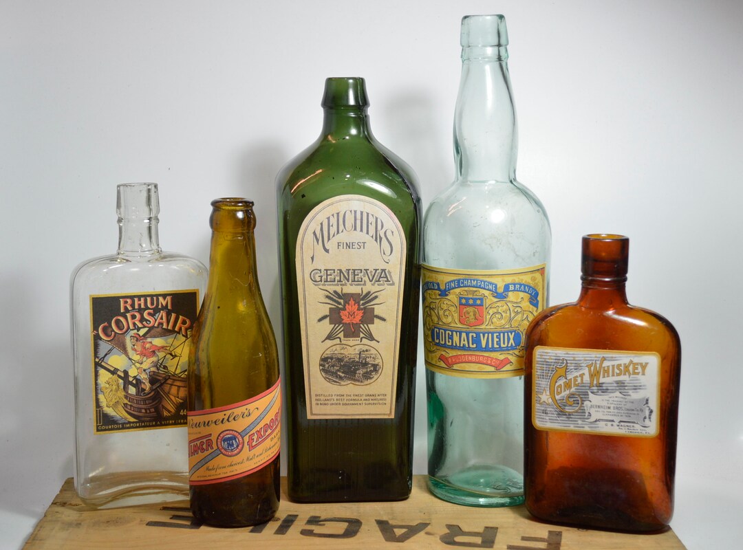 Antique Alcohol Bottles With Reproduction Labels. Genuine Antique Bottles With Hand Crafted ...
