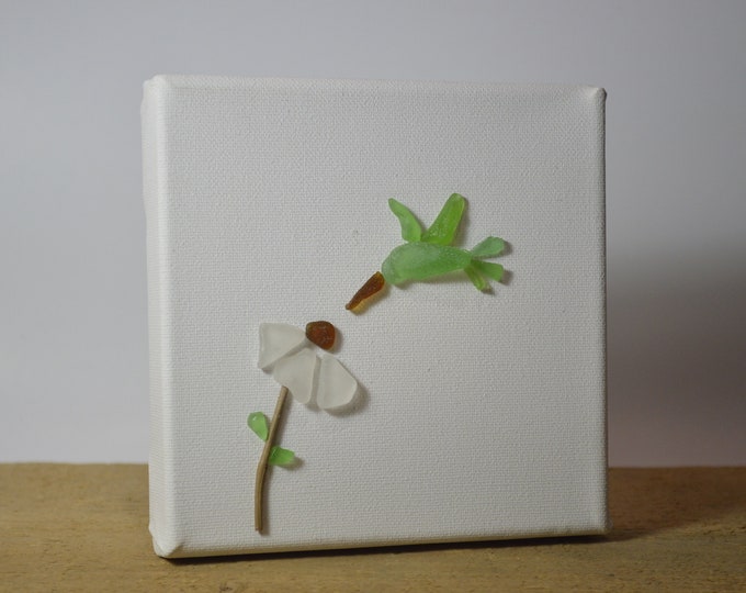 Hummingbird Sea Glass Art on Canvas. Glass Flower & Hummingbird on a 5 ...