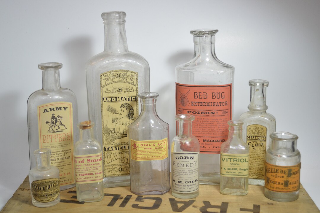 Antique Quack Medicine Apothecary Bottles With Reproduction Labels / Genuine Antique Bottles ...