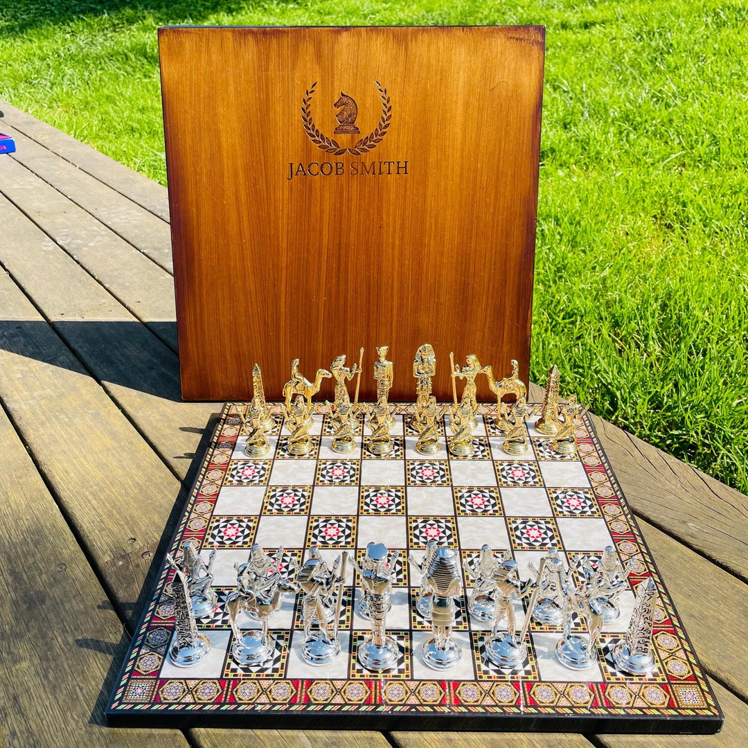 Personalized Wooden Chess Board Set - Die Cast Metal Chessmen, Black ...
