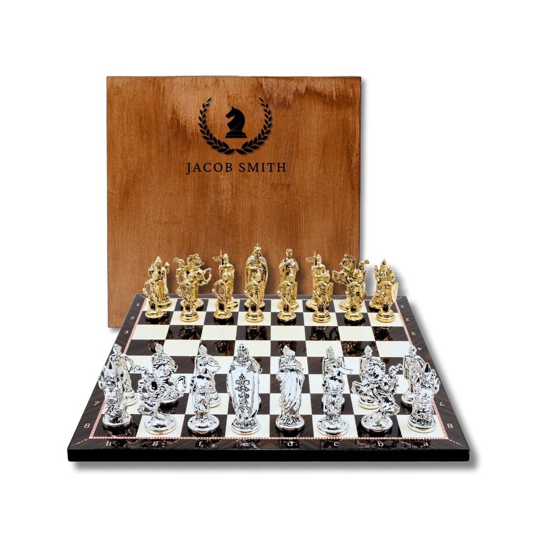 Personalized Wooden Chess Board Set - Die Cast Metal Chessmen, Wooden ...