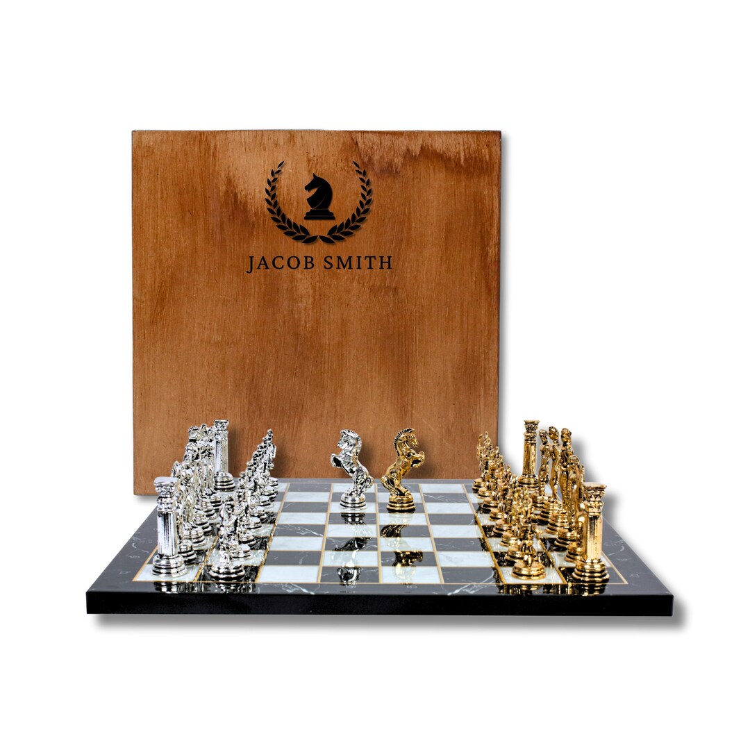 Personalised Wooden Chess Board Set, Die Cast Chessmen, Wooden Black ...