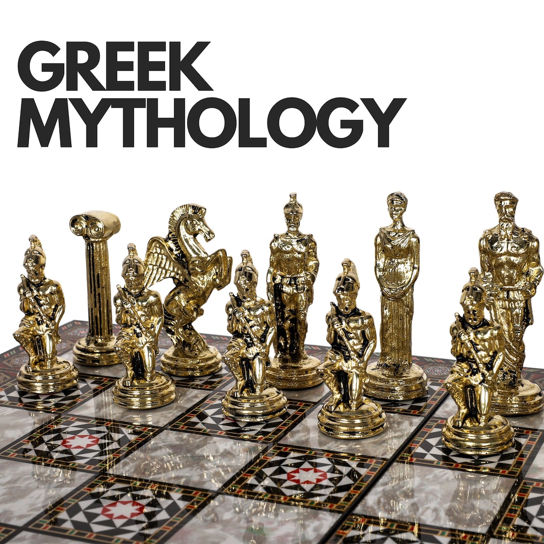 Greek Mythology Pegasus Metal Chess Set - Marble, Walnut, Mosaic Look ...