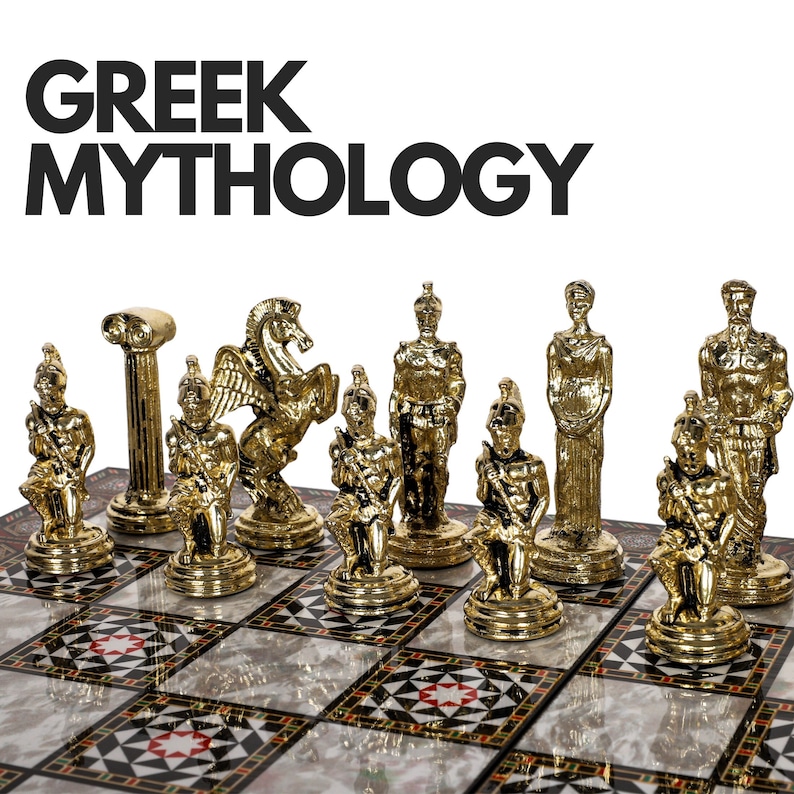 Pegasus Chess Set: Greek Mythology Metal Figures, Walnut Mosaic Board ...