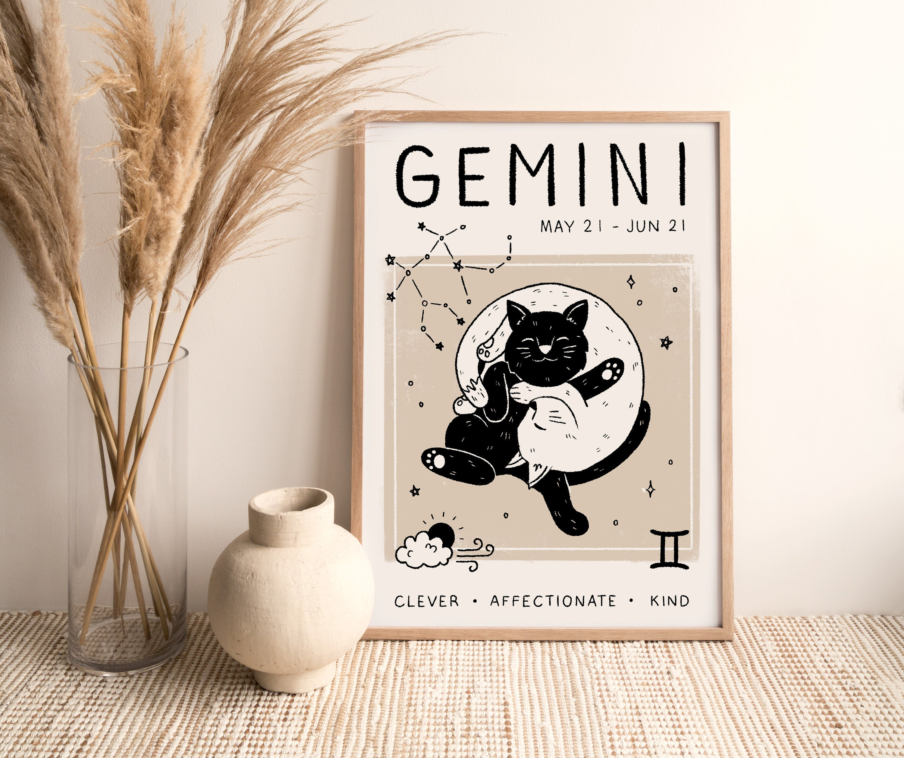 Gemini Cat Print Zodiac Star Sign A4 A3 5x7 Digital Cat - Etsy UK