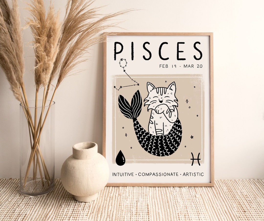 Pisces Cat Print: Celestial Astrology Art, Boho Decor, Unframed - Etsy