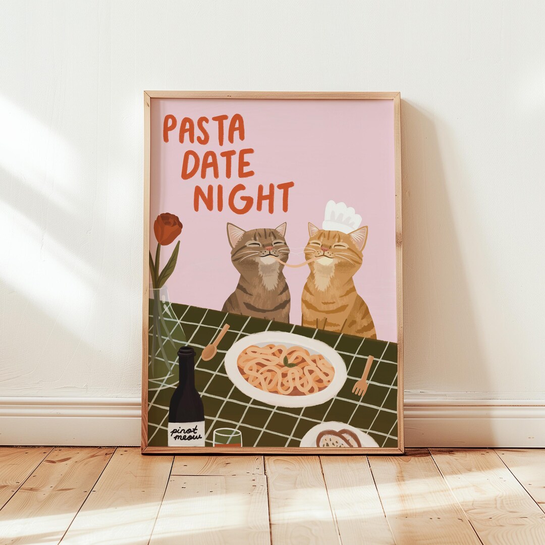 Pasta Date Night Cat Print, Kitchen Wall Art, Cat Lover Gift, Unframed ...