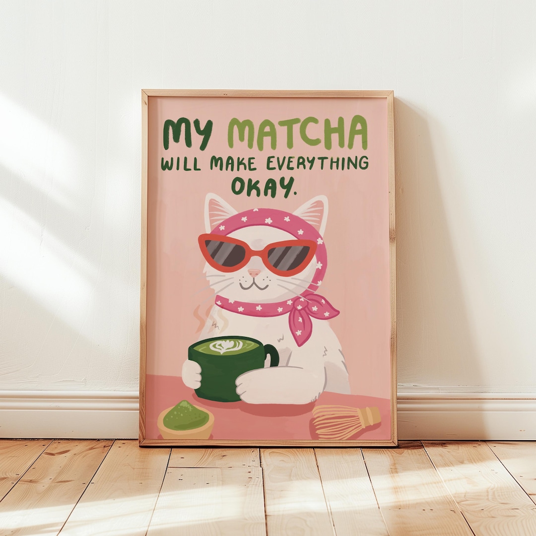 Matcha Cat Art Print, Cute Cat Kitchen Decor, Cat Lover Gift, Coffee ...