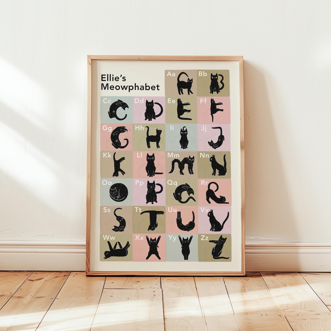 Personalised Cat Alphabet Poster, Custom Name Print for Kids, Full A-Z ...