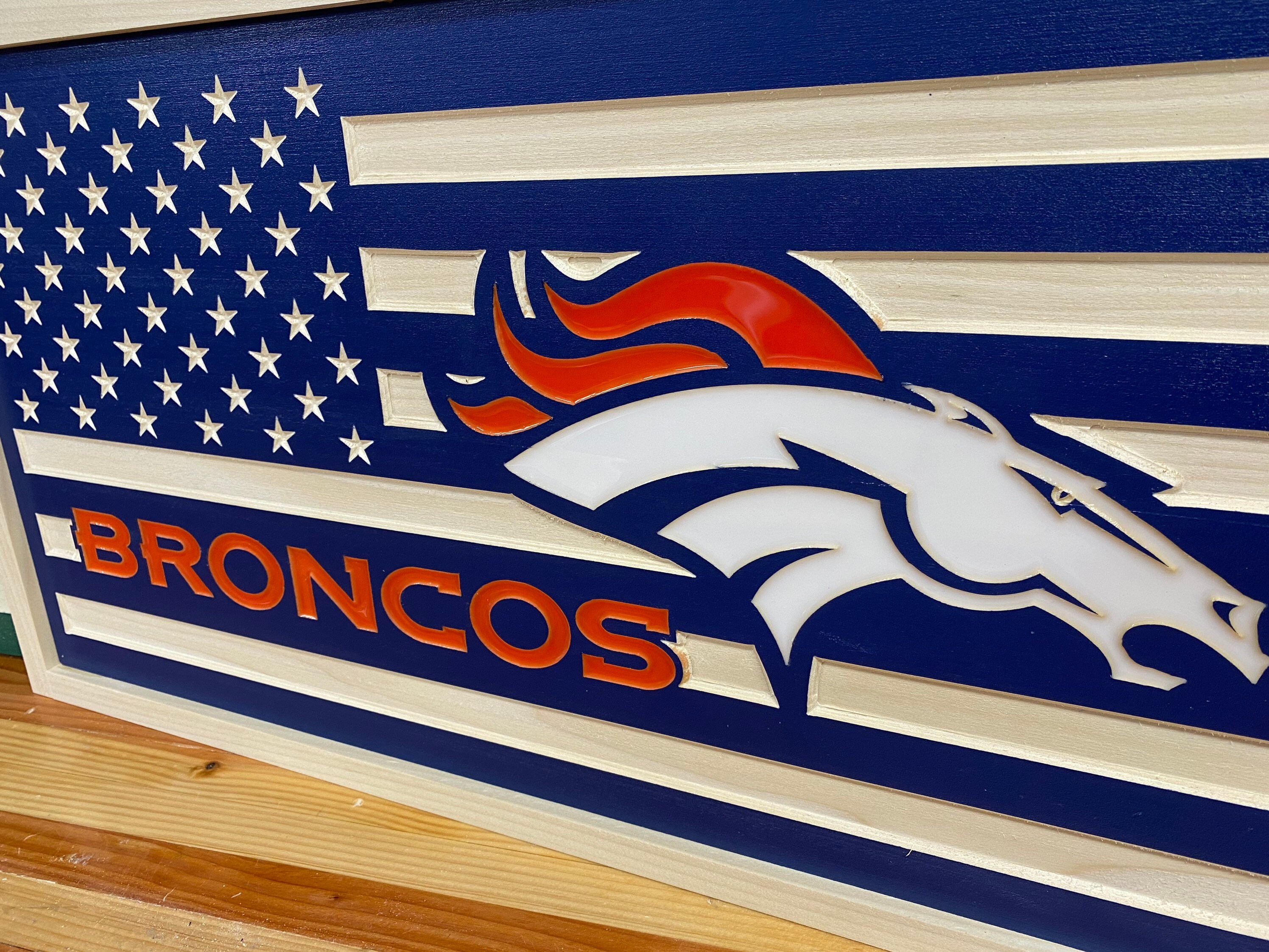 Denver Broncos Wood American Flag with Epoxy Logo and Natural | Etsy