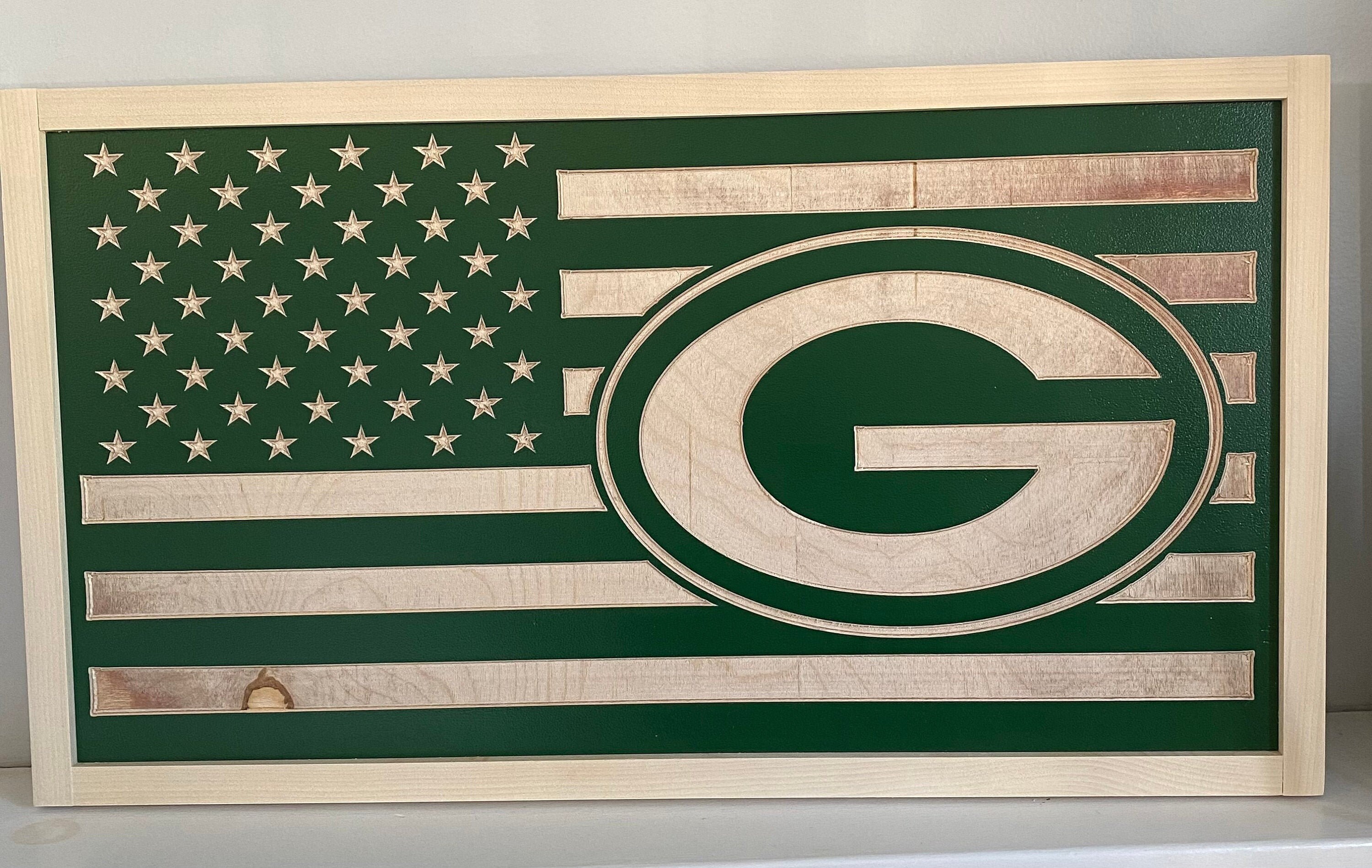 Green Bay Packers Wooden Flag With Natural Wood Border | Etsy